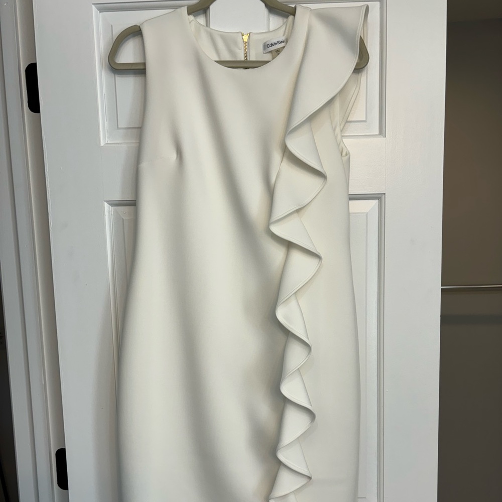 White Calvin Klein Scuba Dress With Ruffle - Gem